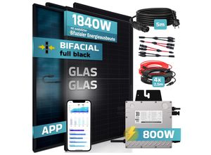 4255656236631 - SUNNIVA® 1840W Balkonkraftwerk BIFAZIAL FULLBLACK komplett Steckdose BENY 800 Watt Wechselrichter Solaranlage Komplettset 4x 460W N-Type Glas-Glas Bifacial Solarmodule 5m Kabel & 4x 25m Solarkabel