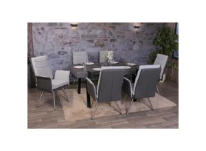4057651376684 - 6er-Set Esszimmerstuhl MCW-G54 Küchenstuhl Stuhl Textil Kunstleder Edelstahl gebürstet ~ grau mit Armlehne