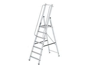 4031405510975 - Munk Plattformleiter 7 Stufen Aluminium stabile Rechteckrohr-Holme große Plattform Handläufe vormontiert rutschsichere Leiterschuhe 150 kg