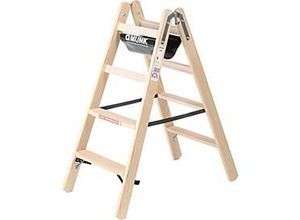 4031405338081 - Munk® Holz-Stufen-Stehleiter Nadelschnittholz Buche 80 mm geriffelt Hufeisenscharniere 150 kg Eimerhaken Textilgurt-Spreizsicherung 2x4 Stufen