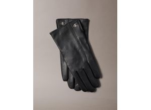 8721224276034 - Lederhandschuhe CALVIN KLEIN METAL CK LEATHER GLOVES Damen Gr M schwarz Schafsleder unifarben Handschuhe aus Schaf-Nappaleder