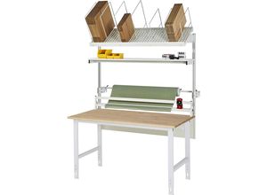 4040376547255 - Packtisch komplett manuell höhenverstellbar Set 2 mit Etagenbord Schneidgerät Abrolleinheit BxT 1500 x 800 mm Buchenplatte