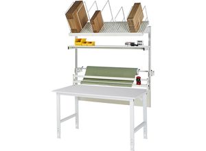 4040376547491 - Packtisch komplett manuell höhenverstellbar Set 2 mit Etagenbord Schneidgerät Abrolleinheit BxT 1500 x 800 mm Melaminplatte
