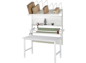 4040376547514 - Packtisch komplett manuell höhenverstellbar Set 3 mit Lochplatte Schneidgerät Abrolleinheit BxT 1500 x 800 mm Melaminplatte