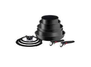 3168430336636 - Topf-Set L76491 Ingenio Ultimate Aluminium (Set 10-tlg Stielkasserolle 16 20 cm Schmorkasserolle 24 cm Bratpfanne 24 28 cm) Antihaft Thermo-Signal abnehmbare Griffe alle Herdarten Induktion schwarz