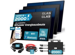 4255656236297 - SUNNIVA® 2000W Balkonkraftwerk BIFAZIAL FULLBLACK komplett Steckdose ASTRO-E 2000W Wechselrichter PV Solaranlage 4x 500W Glas-Glas Solarmodule inkl 5m Kabel Bluetooth WIFI Komplettset