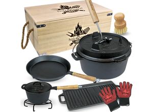 4260750013828 - holz4homeÂ® Dutch Oven Set 9-teilig in Holzkiste I 47L Feuertopf Viel ZubehÃ¶r kleiner Topf Grillplatte Pfanne Handschuhe uvm