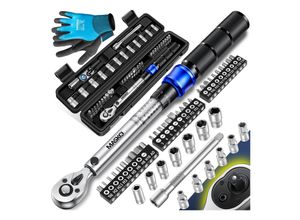 4255598315289 - MASKO® Drehmomentschlüssel 45-tlg Set Auto Fahrrad & Motorrad 1 4 Zoll 5-25Nm inkl Handschuhe Magnetische Zündkerzenhülse Stecknüsse mit Verlängerungsstange 100mm + - 4% Toleranz Reifenschlüsse