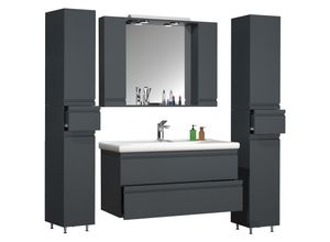4051814427831 - 5-tlg Waschplatz Waschtisch Unterschrank 100 cm Badmöbel Set mit Waschbecken Spiegelschrank Hochschrank grifflose Schubladen Komplettset Silora XL