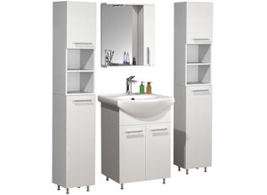 4051814427657 - 5-tlg Waschplatz Waschtisch Unterschrank 55 cm Badmöbel Set mit Waschbecken Spiegeschrank Hochschrank praktische Drehtüren Komplettset Lisalo M