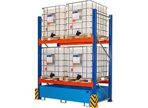 4052462074576 - BAUER Umwelt-Grundregal UR-G 2200-2 Palettenregal B 2400 x T 1300 x H 3000 mm für max 4 IBC Auffangwanne 1000 l lichtblau verkehrsblau reinorange