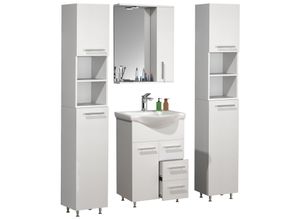 4051814427688 - 5-tlg Waschplatz Waschtisch Unterschrank 55 cm Badmöbel Set mit Waschbecken 2x Hochschrank Spiegelschrank praktische Schubladen und Drehtüren Komplettset Lisalo L