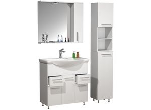 4051814427701 - 4-tlg Waschplatz Waschtisch Badmöbel Unterschrank 75 cm Set mit Waschbecken Spiegelschrank Hochschrank Schubladen und Drehtüren Komplett Lisalo XL