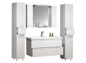 4051814427824 - 5-tlg Waschplatz Waschtisch Unterschrank 100 cm Badmöbel Set mit Waschbecken Spiegelschrank Hochschrank grifflose Schubladen Komplettset Silora XL