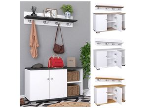 4051814420764 - Holz Sitzbank 2-tlg-Set Schuhschrank Maße H 82 x B 90 x T 33 cm Wandpaneel mit 4 Haken 2 Drehtüren 2 Fächer 2 offene Fächer - Gados L