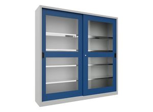 4055479263483 - Schiebetürenschrank Höhe 1950 mm Sichtfenstertüren BxT 2000 x 400 mm mit Trennwand und 2 x 4 Fachböden Tür enzianblau kaiserkraft