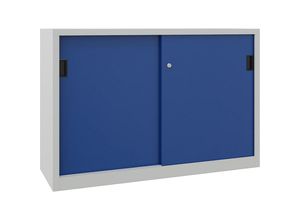 4055479204424 - Schiebetürenschrank Höhe 1000 mm Vollblechtüren BxT 1500 x 500 mm mit Trennwand und 2 x 2 Fachböden Tür enzianblau kaiserkraft