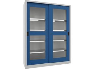 4055479257703 - Schiebetürenschrank Höhe 1950 mm Sichtfenstertüren BxT 1500 x 500 mm mit Trennwand und 2 x 4 Fachböden Tür enzianblau kaiserkraft