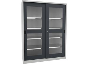 4055479260611 - Schiebetürenschrank Höhe 1950 mm Sichtfenstertüren BxT 1500 x 600 mm mit Trennwand und 2 x 4 Fachböden Tür anthrazit kaiserkraft