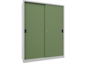 4055479256300 - Schiebetürenschrank Höhe 1950 mm Vollblechtüren BxT 1500 x 500 mm mit Trennwand und 2 x 4 Fachböden Tür resedagrün kaiserkraft