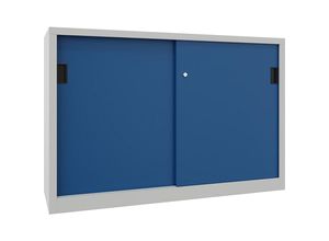 4055479207296 - Schiebetürenschrank Höhe 1000 mm Vollblechtüren BxT 1500 x 600 mm mit Trennwand und 2 x 2 Fachböden Tür enzianblau kaiserkraft
