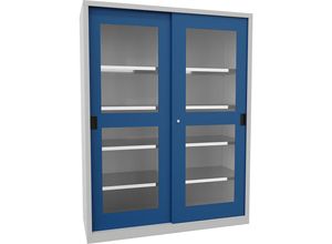 4055479260574 - Schiebetürenschrank Höhe 1950 mm Sichtfenstertüren BxT 1500 x 600 mm mit Trennwand und 2 x 4 Fachböden Tür enzianblau kaiserkraft