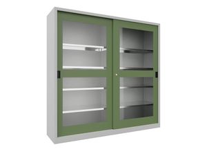 4055479266385 - Schiebetürenschrank Höhe 1950 mm Sichtfenstertüren BxT 2000 x 500 mm mit Trennwand und 2 x 4 Fachböden Tür resedagrün kaiserkraft