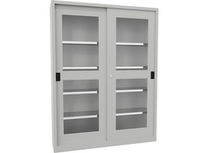 4055479002648 - Schiebetürenschrank Höhe 1950 mm Sichtfenstertüren BxT 1500 x 400 mm mit Trennwand und 2 x 4 Fachböden Tür lichtgrau kaiserkraft