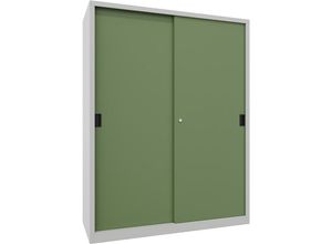 4055479259172 - Schiebetürenschrank Höhe 1950 mm Vollblechtüren BxT 1500 x 600 mm mit Trennwand und 2 x 4 Fachböden Tür resedagrün kaiserkraft