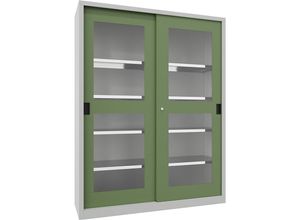 4055479257734 - Schiebetürenschrank Höhe 1950 mm Sichtfenstertüren BxT 1500 x 500 mm mit Trennwand und 2 x 4 Fachböden Tür resedagrün kaiserkraft