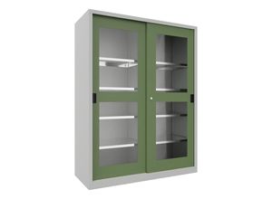 4055479260604 - Schiebetürenschrank Höhe 1950 mm Sichtfenstertüren BxT 1500 x 600 mm mit Trennwand und 2 x 4 Fachböden Tür resedagrün kaiserkraft