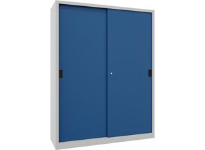 4055479256270 - Schiebetürenschrank Höhe 1950 mm Vollblechtüren BxT 1500 x 500 mm mit Trennwand und 2 x 4 Fachböden Tür enzianblau kaiserkraft