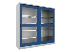 4055479269225 - Schiebetürenschrank Höhe 1950 mm Sichtfenstertüren BxT 2000 x 600 mm mit Trennwand und 2 x 4 Fachböden Tür enzianblau kaiserkraft