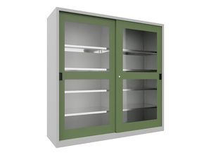 4055479269256 - Schiebetürenschrank Höhe 1950 mm Sichtfenstertüren BxT 2000 x 600 mm mit Trennwand und 2 x 4 Fachböden Tür resedagrün kaiserkraft