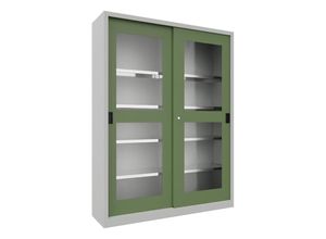 4055479254863 - Schiebetürenschrank Höhe 1950 mm Sichtfenstertüren BxT 1500 x 400 mm mit Trennwand und 2 x 4 Fachböden Tür resedagrün kaiserkraft