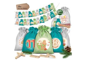 4255598315364 - KESSER® Adventskalender zum Befüllen 24 Jutebeutel Gedruckte Stoffbeutel Kinder Weihnachtskalender zum Selber Befüllen Inkl 24x Schildchen + 1 Großer Aufbewahrungsbeutel Stoff