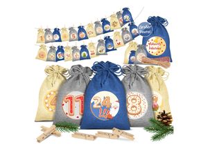 4255598315333 - KESSER® Adventskalender zum Befüllen 24 Jutebeutel Gedruckte Stoffbeutel Kinder Weihnachtskalender zum Selber Befüllen Inkl 24x Schildchen + 1 Großer Aufbewahrungsbeutel Stoff