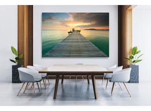 4067437130270 - XXL-Wandbild QUEENCE Akustikbild Steg Bali Sonnenuntergang grün (farbe bild(er) grün) B90cm H60cm T25cm Polyester Bilder Einfache Akustiklösung ohne Baumaßnahme Schalldämmung Paneele
