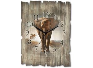 4062144355039 - Wanduhr ARTLAND Ein Elefant läuft auf der Straße Wanduhren Gr B H T 30 cm x 40 cm x 06 cm Funkuhr braun Wanduhren wahlweise mit Quarz- oder Funhuhrwerk lautlos ohne Tickgeräusche