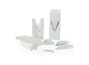 4018093311053 - Börner Mandoline V3 Spezial 7-teiliges Set 5 Schnittstärken Als Pommes-Schneider geeignet BPA-frei und rostfrei Weiß