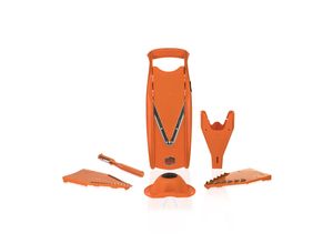 4018093521100 - Börner V5 PowerLine Plus Set Gemüsehobel Obst- & Gemüseschneider mit Fruchthalter Scheibeneinschub Sparschäler 10 Schnittarten 6 tlg Set Orange