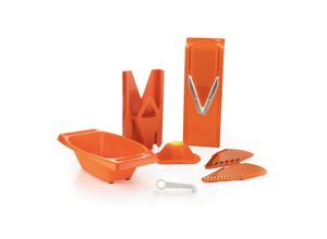 4018093321052 - Börner Mandoline V3 Spezial 7-teiliges Set 5 Schnittstärken Als Pommes-Schneider geeignet BPA-frei und rostfrei Orange