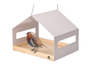 4065827410353 - WONDERMAKE® Großes Design Vogelhaus aus Metall und Holz wetterfest zum Aufhängen modernes Vogelfutterhaus XL Metalldach hängend Vogelhäuschen Futterhaus für Vögel Edelstahl Kiefer grau-beige
