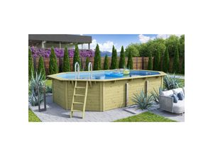 4010090331386 - CHILLROI Achteckiger Massivholzpool länglich 5685 x 3575 x 124 cm Modell 1 X Folie blau Inkl Zubehör und Pool Leitern