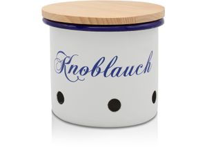 4006776135492 - Vorratsdose KRÜGER Emaille Vorratsdose Husum für Knoblauch mit Holzdeckel 10 cm blau (weiß blau natur) H105cm Lebensmittelaufbewahrungsbehälter schnitt- kratzfeste Oberfläche Bakterienabweisend extrem langlebig