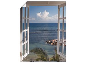 4055327640282 - Wandbild ARTLAND Fenster zum Paradies Bilder Gr B H 45 cm x 60 cm Poster Fensterblick Hochformat 1 St blau Bild Metallbild Metallbilder Bilder als Alubild Leinwandbild Wandaufkleber oder Poster in versch Größen