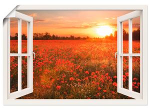 4057738335238 - Wandbild ARTLAND Fensterblick Mohnblumenfeld Bilder Gr B H 100 cm x 70 cm Poster Blumen Querformat 1 St weiß Bild Poster Bilder als Alubild Leinwandbild Wandaufkleber oder in versch Größen