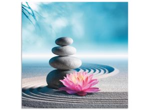 4058661471529 - Wandbild ARTLAND Sand Lilie und Spa-Steine in Zen-Garten Bilder Gr B H 70 cm x 70 cm Leinwandbild Zen quadratisch 1 St blau Bild Poster Bilder als Alubild Leinwandbild Wandaufkleber oder in versch Größen