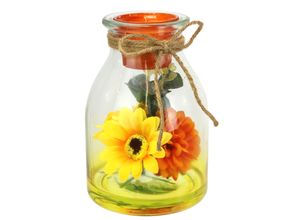 4019844809973 - Teelichthalter IGEA Teelichthalter aus Glas mit Teelichtkerze orange B12cm H18cm Glas Kerzenhalter Herbstlich dekoriert mit Sonnenblume Dahlie Eukalyptus Kerze Windlicht