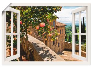 4057738335528 - Wandbild ARTLAND Fensterblick Rosen auf Balkon Toskana Bilder Gr B H 70 cm x 50 cm Poster Garten Querformat 1 St weiß Bild Leinwandbild Kunstdrucke Bilder als Alubild Leinwandbild Wandaufkleber oder Poster in versch Größen